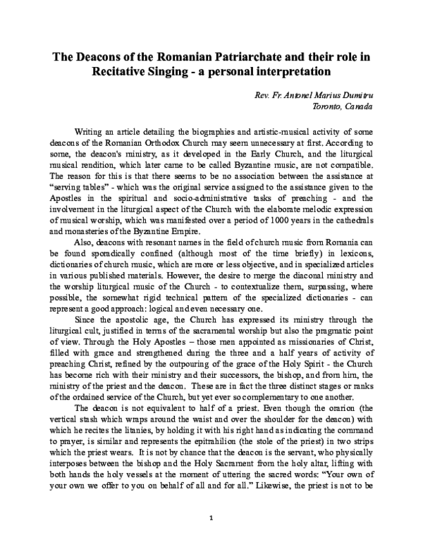 (PDF) The Deacons of the Romanian Patriarchate and their role in ...
