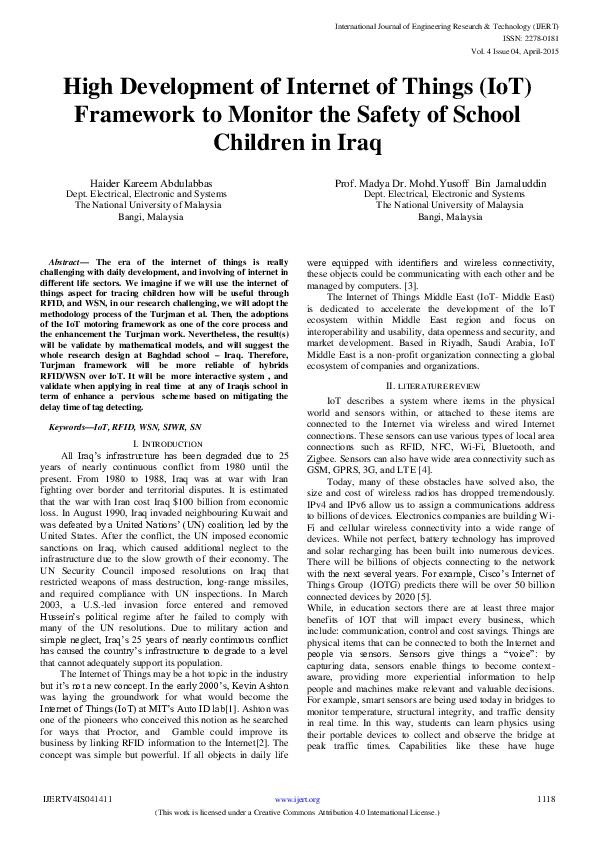 (PDF) IJERT-High Development of Internet of Things (IoT) Framework to Monitor the Safety of ...