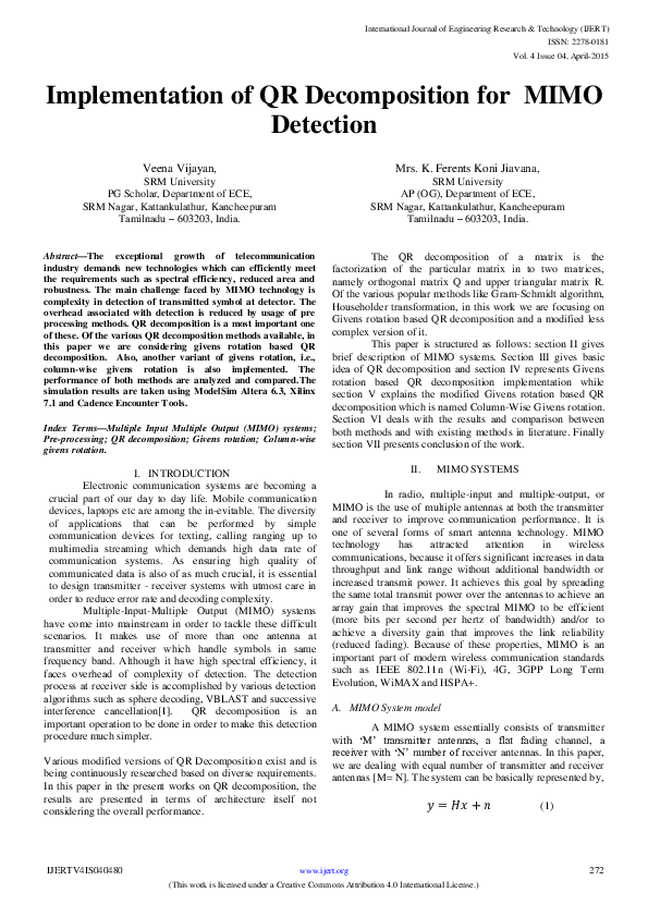 Pdf Ijert Implementation Of Qr Decomposition For Mimo Detection