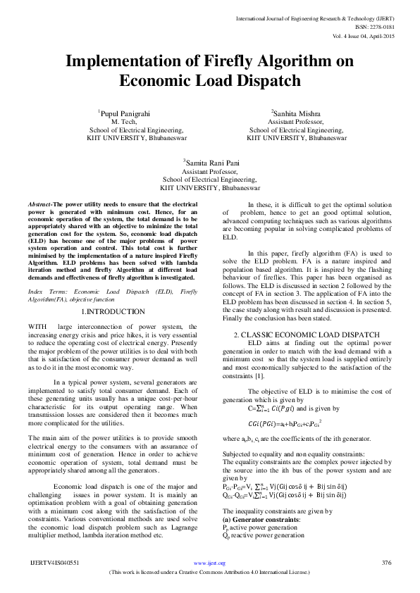 Pdf Ijert Implementation Of Firefly Algorithm On Economic Load Dispatch Ijert Journal
