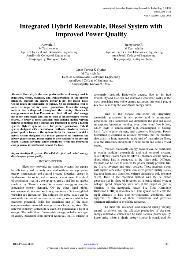 Pdf Ijert Integrated Hybrid Renewable Diesel System With Improved Power Quality
