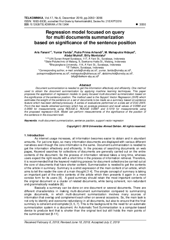 (PDF) Regression model focused on query for multi documents summarization based on significance ...