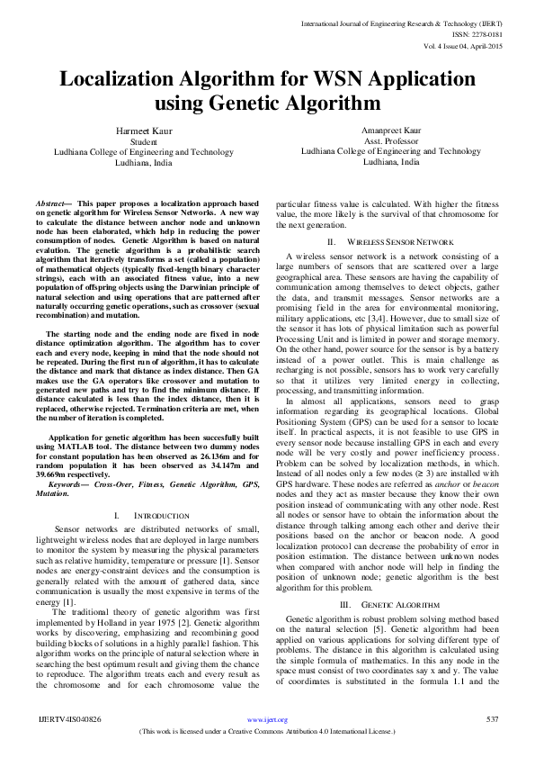 Pdf Genetic Algorithm Based Localization In Wireless Sensor Networks