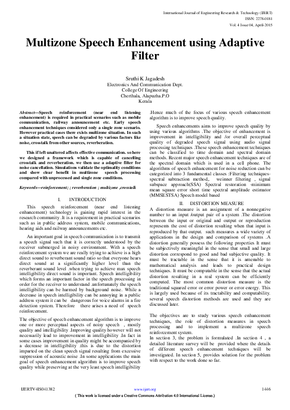 (PDF) IJERT-Multizone Speech Enhancement using Adaptive Filter