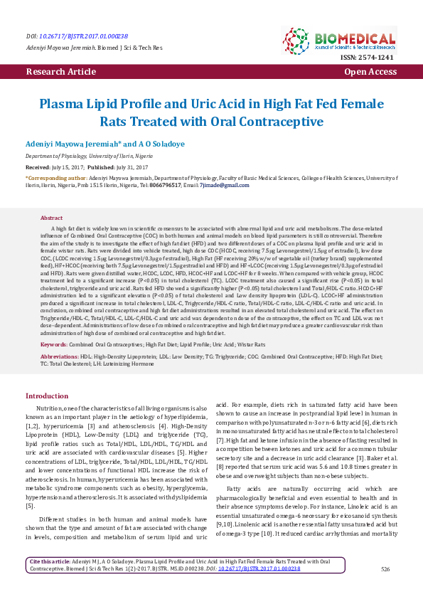 (PDF) Plasma Lipid Profile and Uric Acid in High Fat Fed Female Rats ...
