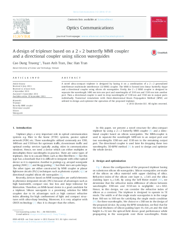 (PDF) A design of triplexer based on a 2×2 butterfly MMI coupler and a directional coupler using ...