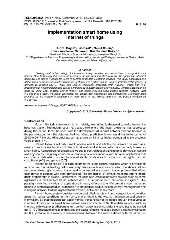 (PDF) Implementation smart home using internet of things