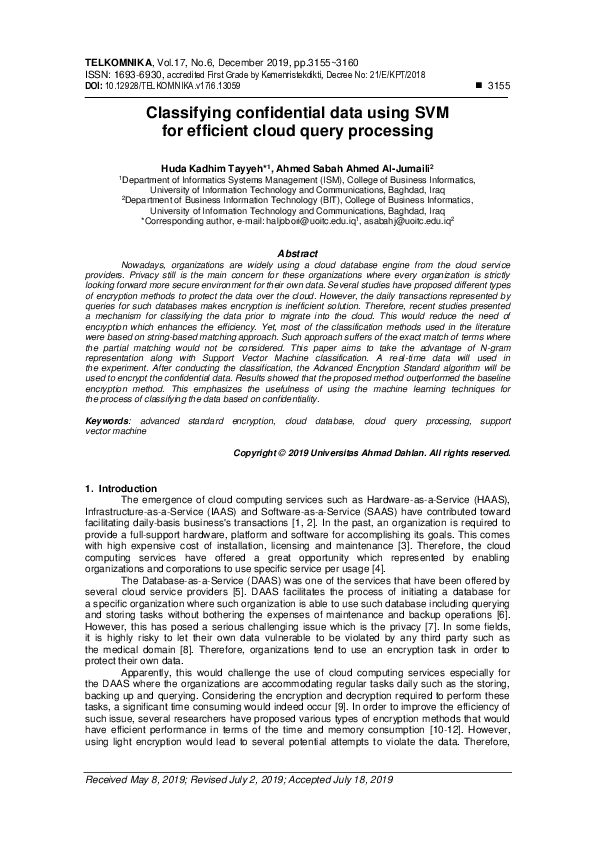 Pdf Classifying Confidential Data Using Svm For Efficient Cloud Query Processing