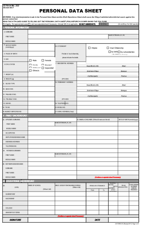 (XLS) PDS CS Form No 212 Revised2017