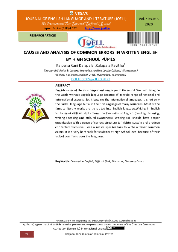 (PDF) CAUSES AND ANALYSIS OF COMMON ERRORS IN WRITTEN ENGLISH BY HIGH ...