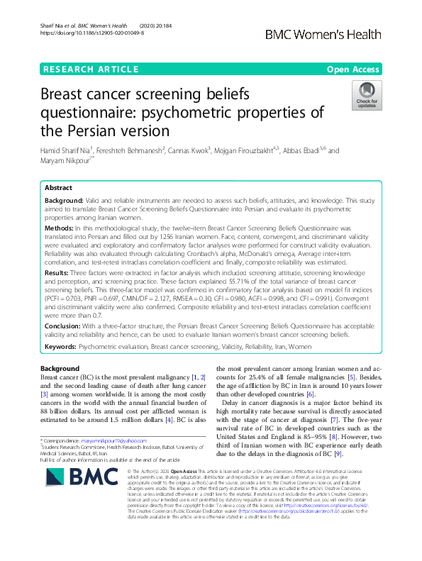 (PDF) Breast cancer screening beliefs questionnaire: psychometric properties of the Persian version