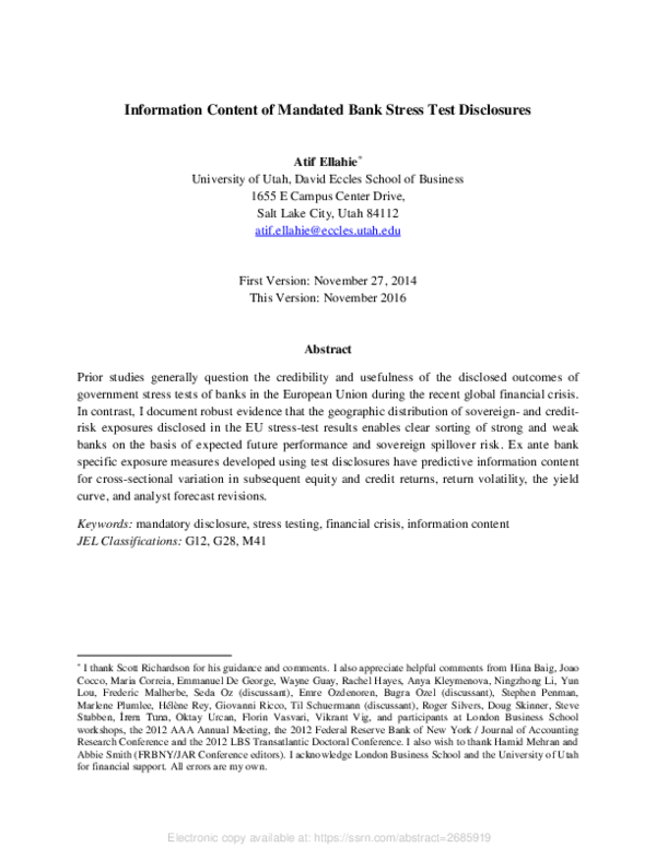 (PDF) Information Content of Mandated Bank Stress Test Disclosures