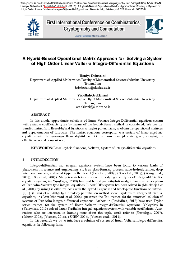 (PDF) A Hybrid-Bessel Operational Matrix Approach for Solving a System of High Order Linear ...