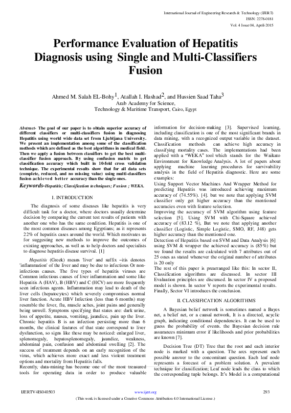 (PDF) IJERT-Performance Evaluation of Hepatitis Diagnosis using Single and Multi-Classifiers Fusion