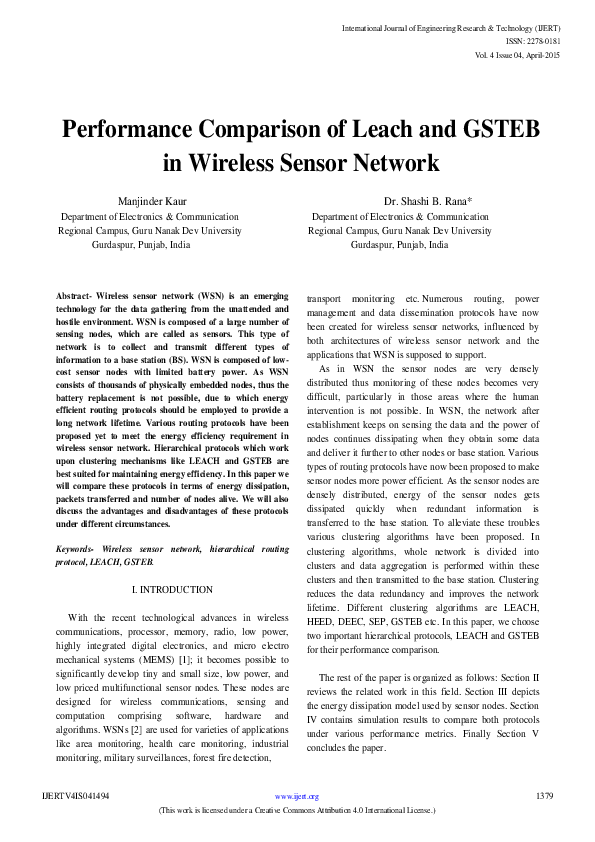 (PDF) IJERT-Performance Comparison of Leach and GSTEB in Wireless Sensor Network