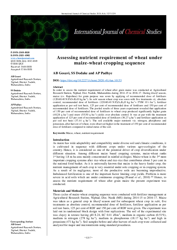 Pdf Assessing Nutrient Requirement Of Wheat Under Maize Wheat Cropping Sequence Ab Gosavi Ss