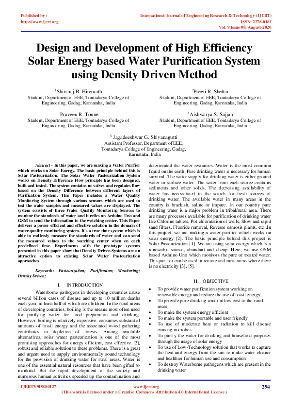 (PDF) IJERT-Design and Development of High Efficiency Solar Energy based Water Purification ...