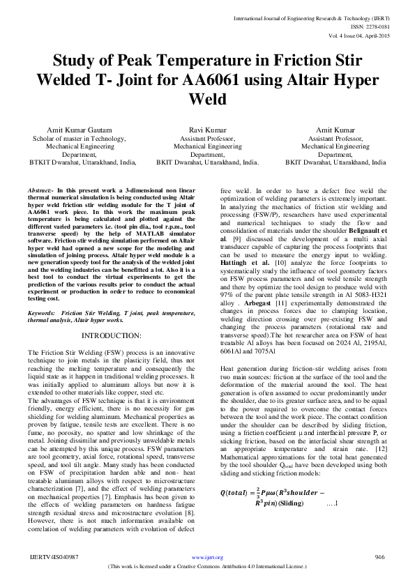 (PDF) IJERT-Study of Peak Temperature in Friction Stir Welded T- Joint ...