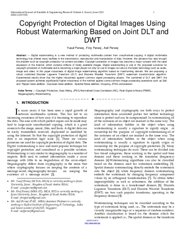 Pdf Copyright Protection Of Digital Images Using Robust Watermarking Based On Joint Dlt And