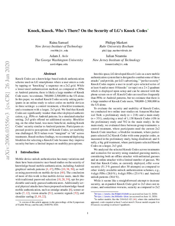 (PDF) Evaluating the Security of LG's Knock Code Authentication