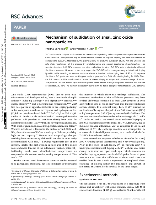 (PDF) Mechanism of sulfidation of small zinc oxide nanoparticles
