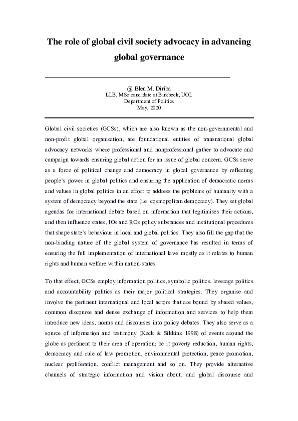 (PDF) The Role of Global Civil Society Advocacy in Advancing Global ...