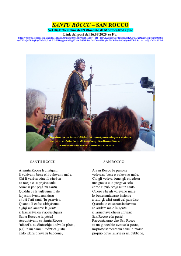 (PDF) SANTU RÒCCU - SAN ROCCO - Minicunto In dialetto irpino dell'800 ...