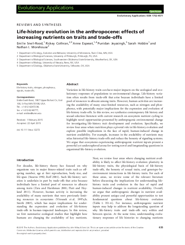 (PDF) Life history evolution in the anthropocene: effects of increasing ...
