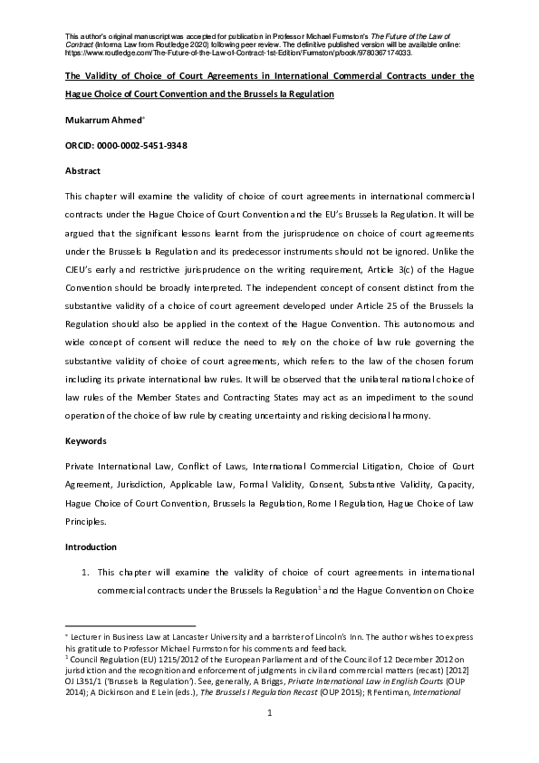 (PDF) The Validity of Choice of Court Agreements in International ...