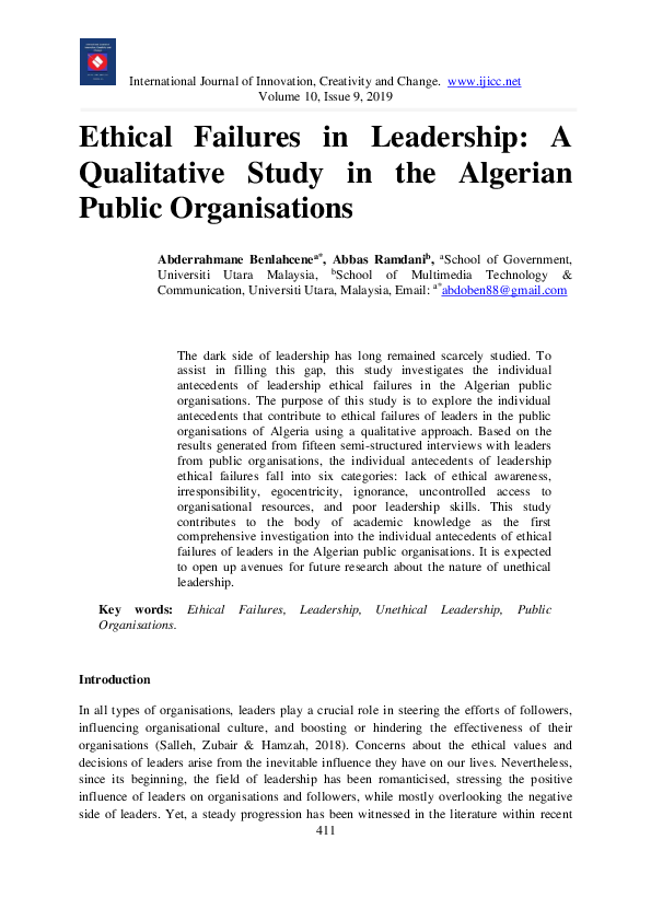 (PDF) Ethical Failures in Leadership: A Qualitative Study in the ...