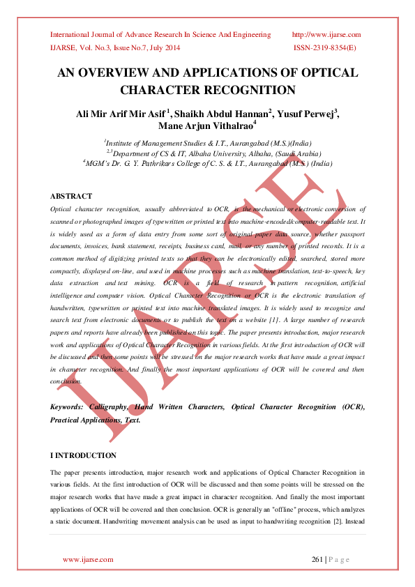 (PDF) An Overview and Applications of Optical Character Recognition