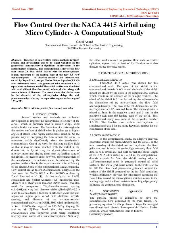 (PDF) IJERT-Flow Control Over the NACA 4415 Airfoil using Micro Cylinder-A Computational Study