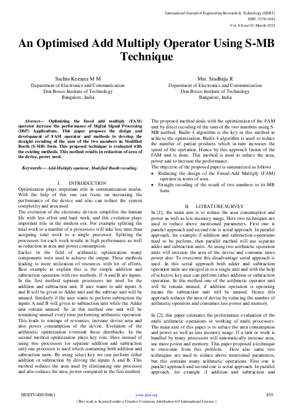 (PDF) IJERT-An Optimised Add Multiply Operator Using S-MB Technique | IJERT Journal - Academia.edu