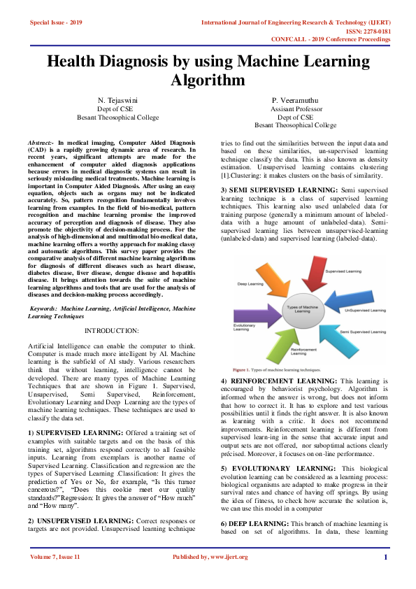 Pdf Machine Learning For Health Diagnosis Analysis 