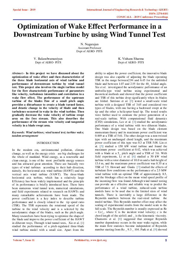 Pdf Ijert Optimization Of Wake Effect Performance In A Downstream Turbine By Using Wind Tunnel