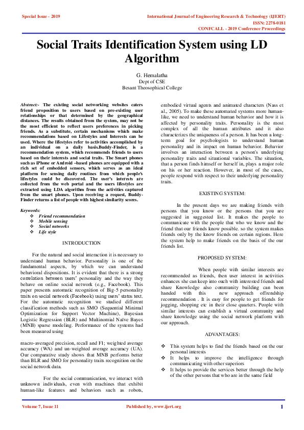 Pdf Ijert Social Traits Identification System Using Ld Algorithm Ijert Journal