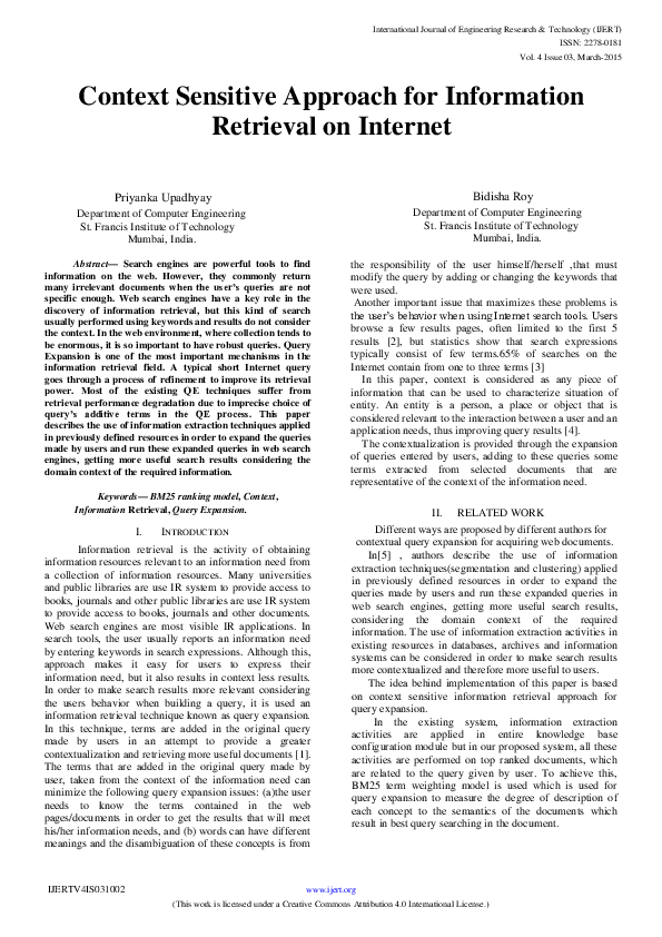 Pdf Ijert Context Sensitive Approach For Information Retrieval On