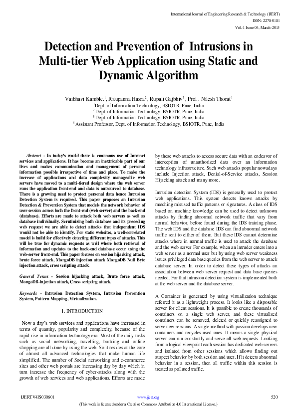 Pdf Ijert Detection And Prevention Of Intrusions In Multi Tier Web Application Using Static