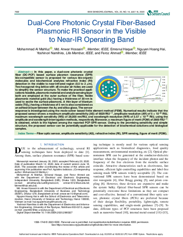 (PDF) Dual-Core Photonic Crystal Fiber-Based Plasmonic RI Sensor in the Visible to Near-IR ...
