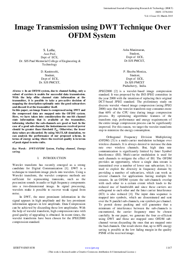 Pdf Ijert Image Transmission Using Dwt Technique Over Ofdm System