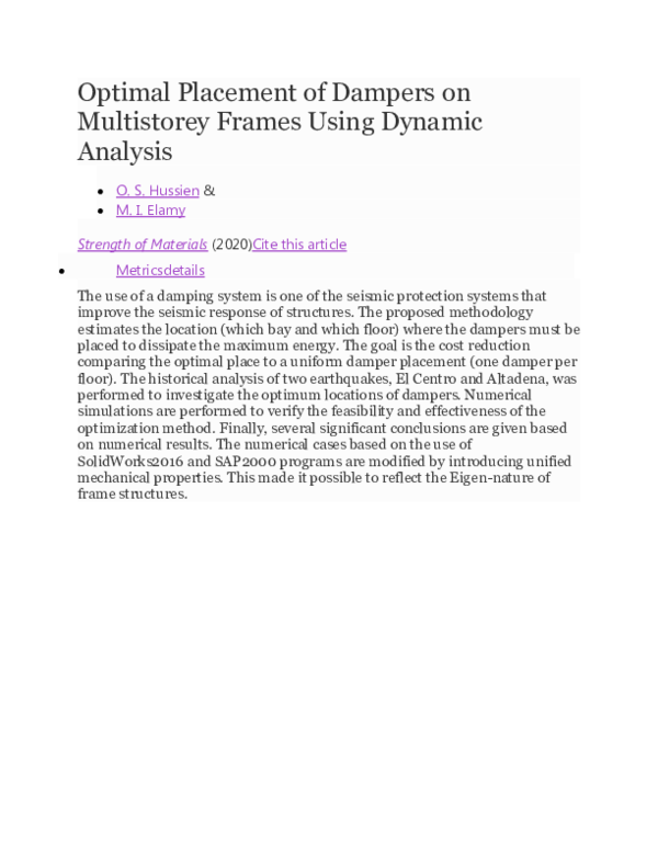(DOC) Optimal Placement of Dampers on Multistorey Frames Using Dynamic Analysis