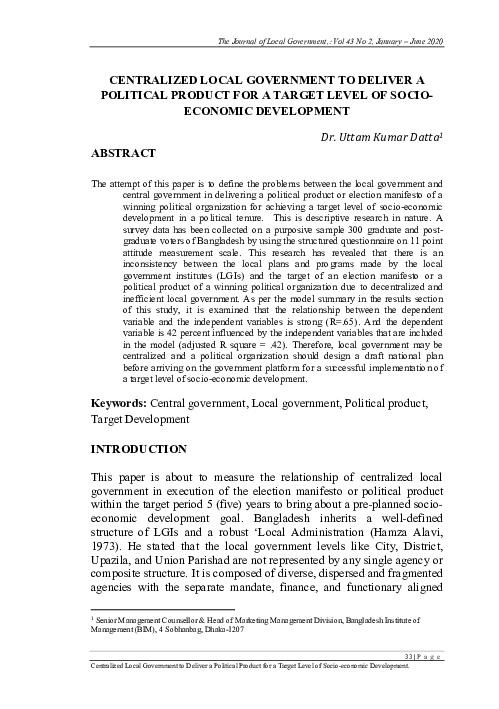 (PDF) Centralized Local Government to Deliver a Political Product for a ...