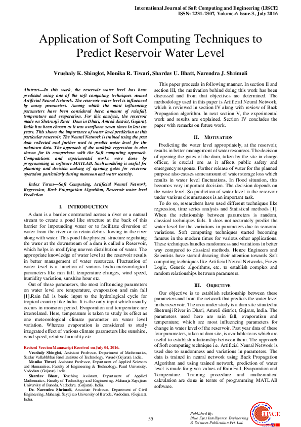 (PDF) Application of Soft Computing Techniques to Predict Reservoir Water Level