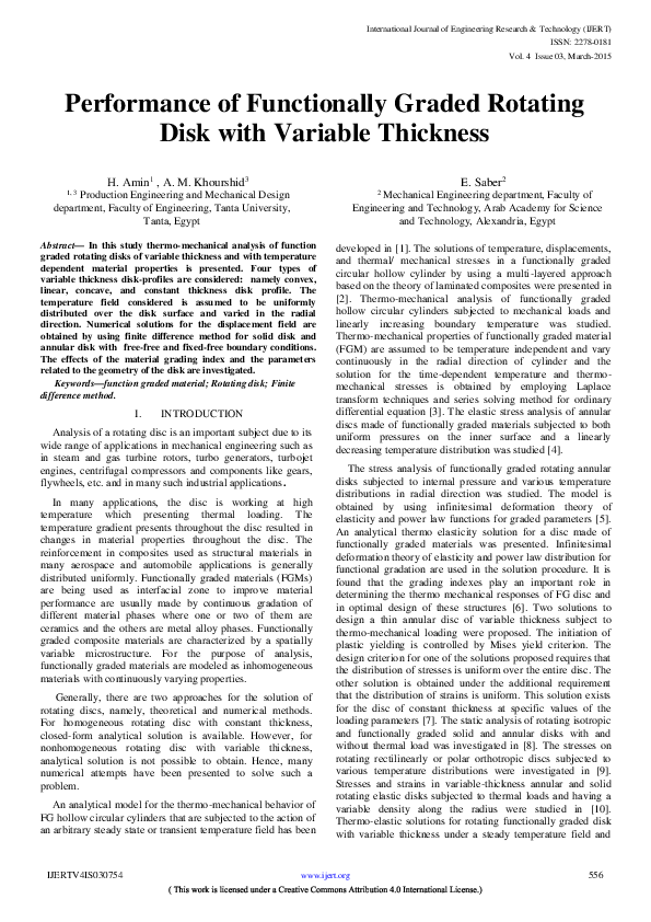 Pdf Elastic Stress Analysis Of Rotating Functionally Graded Annular Disk Of Variable Thickness