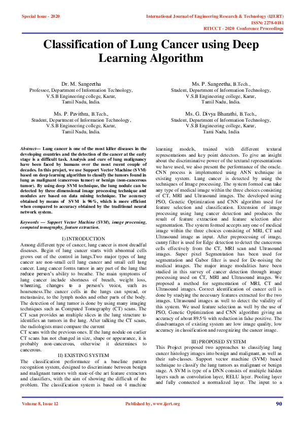 Pdf Ijert Classification Of Lung Cancer Using Deep Learning Algorithm Ijert Journal