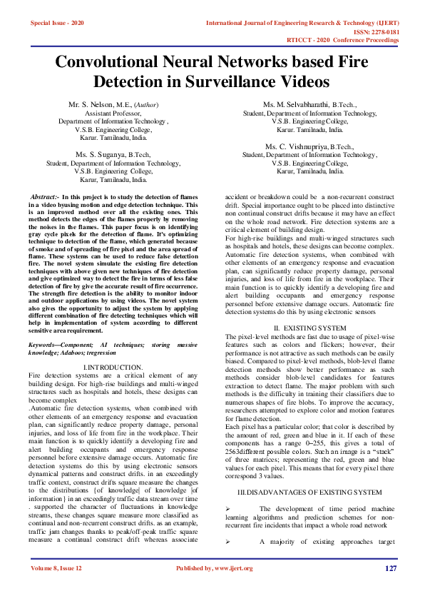 Pdf Ijert Convolutional Neural Networks Based Fire Detection In Surveillance Videos