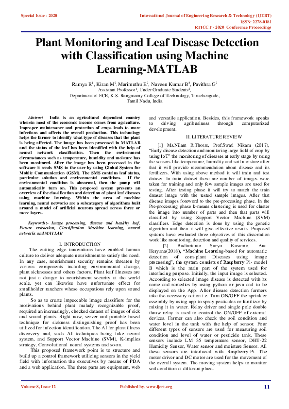 Pdf Ijert Plant Monitoring And Leaf Disease Detection With Classification Using Machine