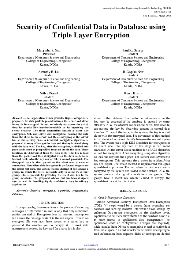 Pdf Ijert Security Of Confidential Data In Database Using Triple Layer Encryption Ijert