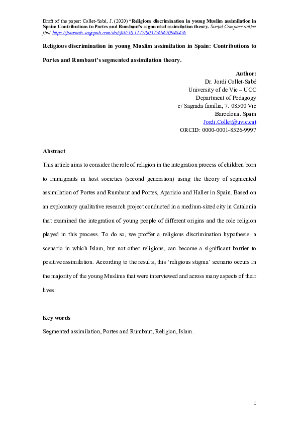 (PDF) Religious discrimination in young Muslim assimilation in Spain ...