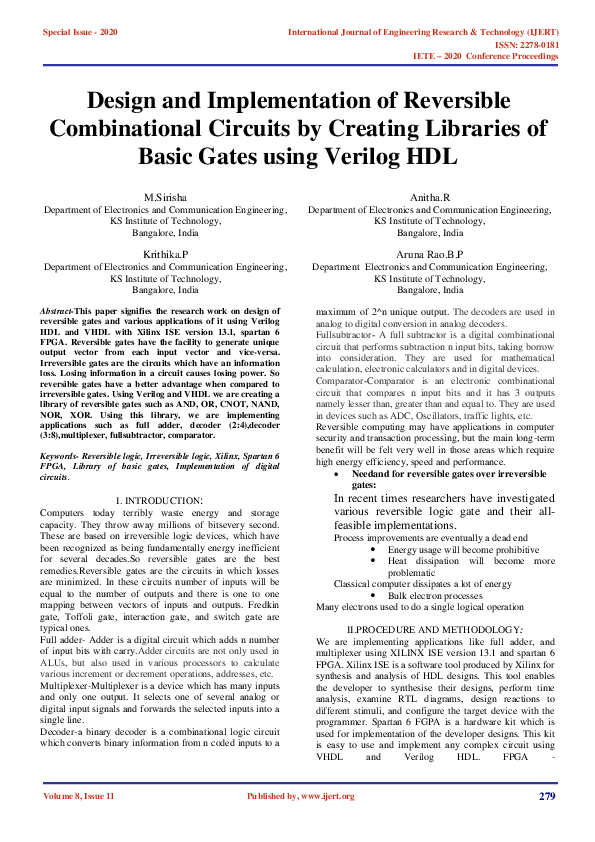 (PDF) Reversible Circuits: Design and Verilog HDL